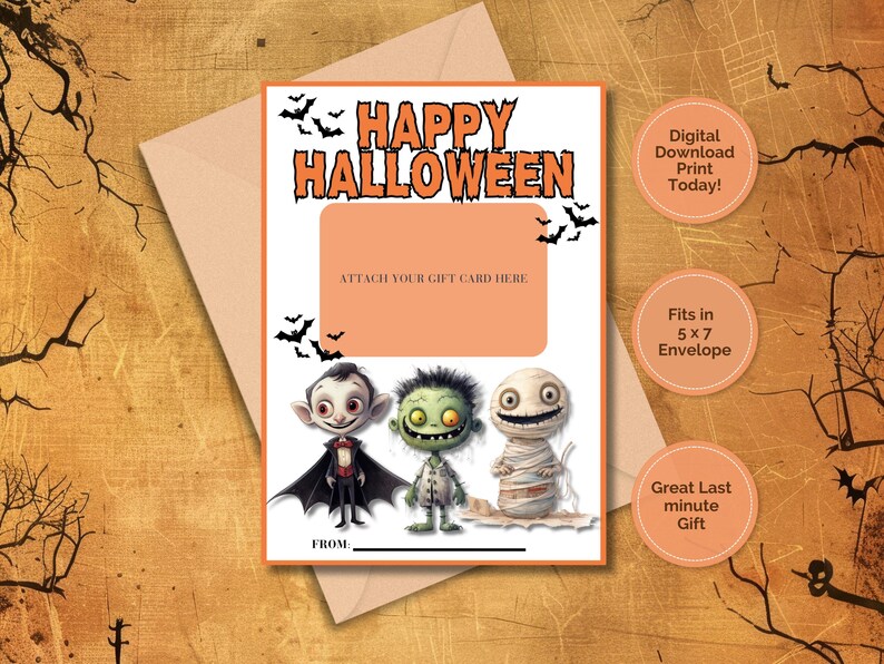Halloween Gift Card Holder Printable Teacher Gift Last-minute Halloween ...