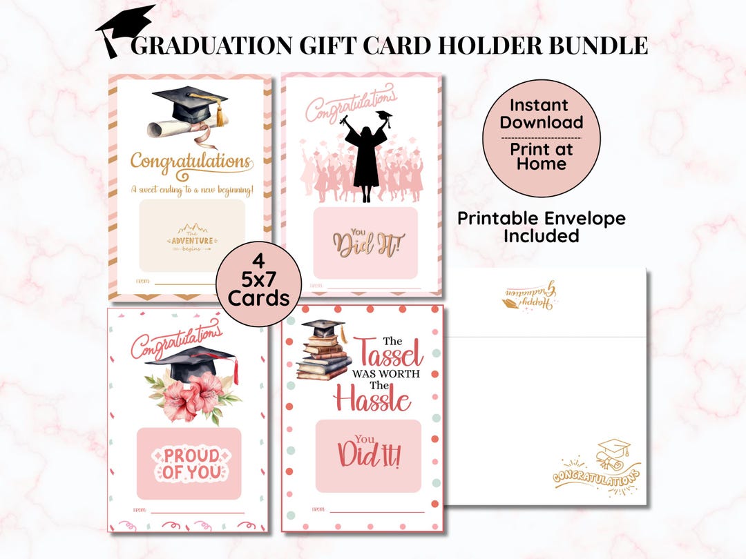 Printable Graduation Gift Card Holder Bundle, 4 Boho Pastel Pink 5x7 ...