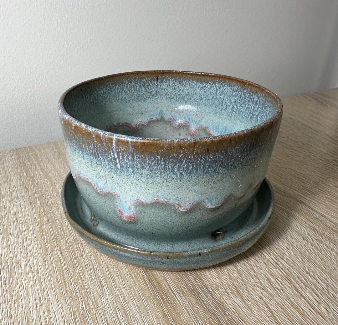 Light Blue Drip - Planter With Drainage and Attached Plate - ONE OF A ...