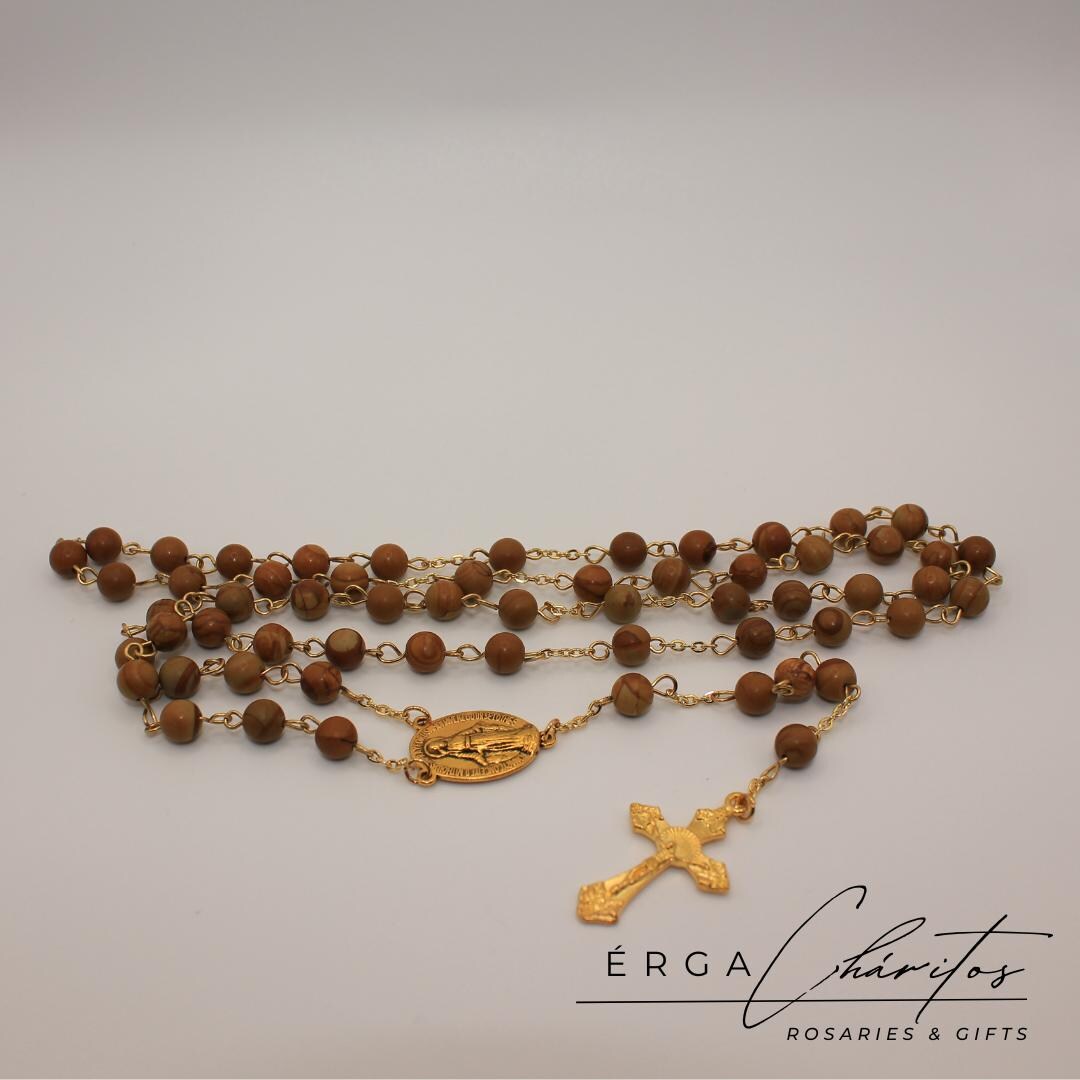 Handmade Agate Wood Rosary | Miraculous Medal, Leaves & Grapes Crucifix ...