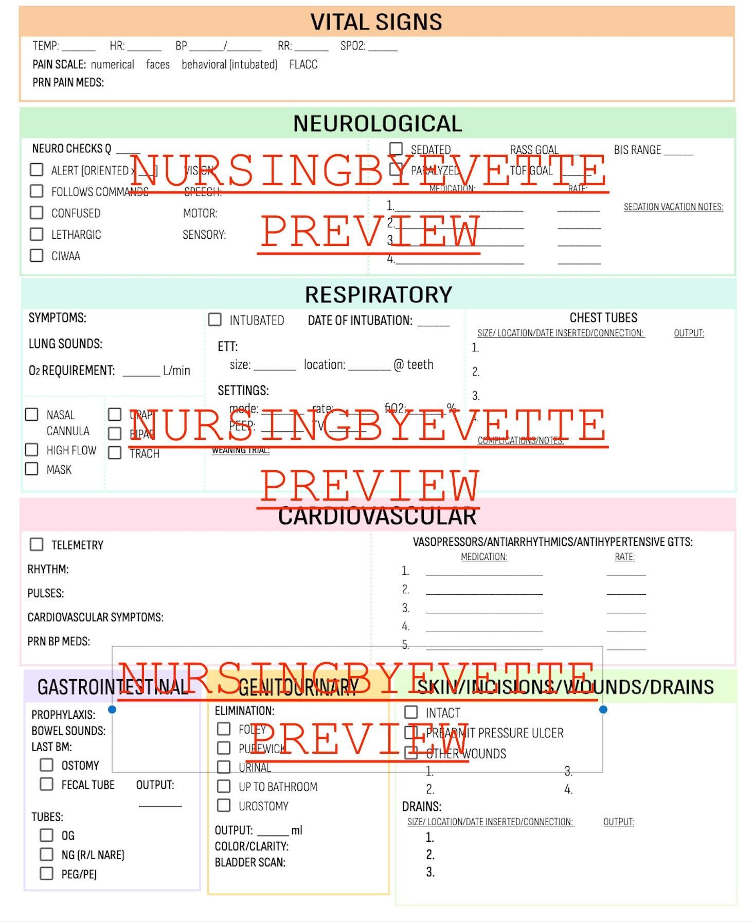 ICU Nursing Report Sheet in Depth Assessment/bedside Shift Report Guide ...