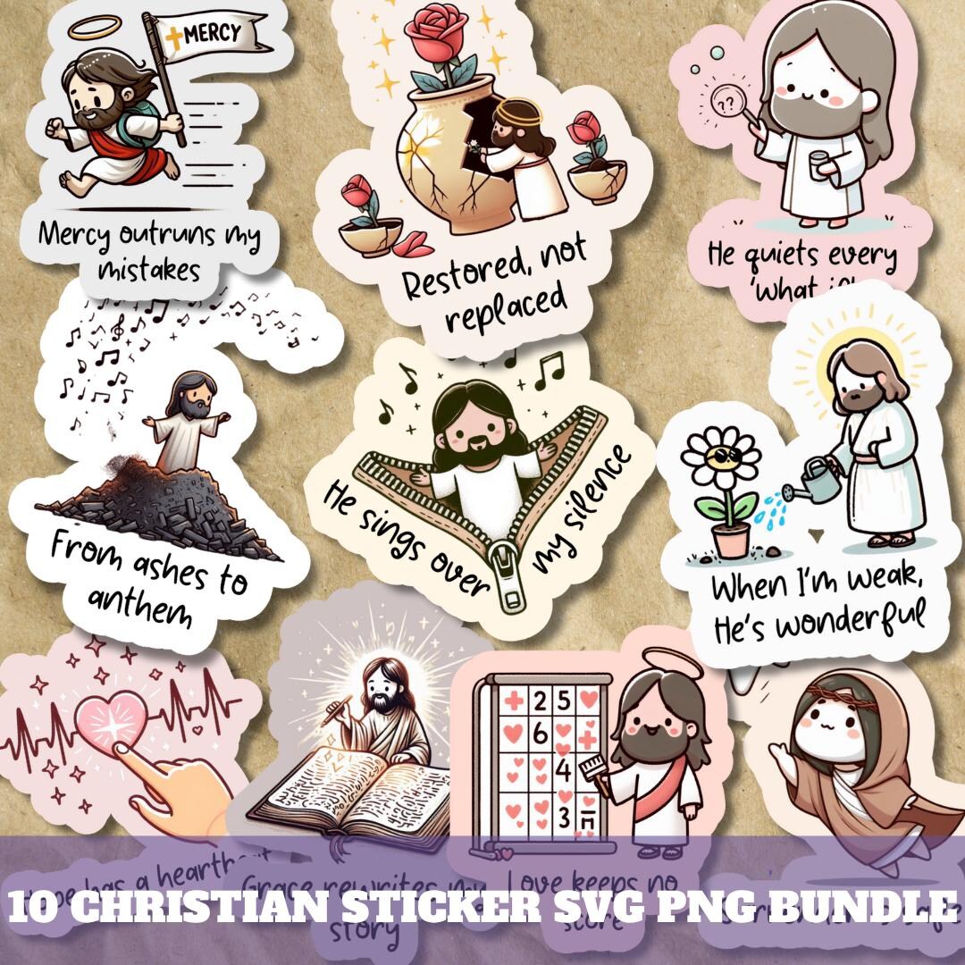 Christian Sticker SVG PNG Bundle, Kawaii Jesus Stickers, Faith Quotes ...
