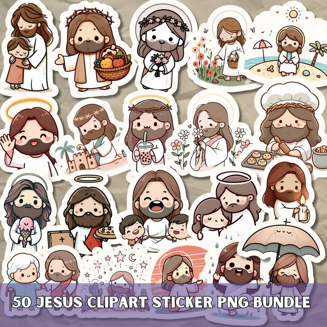 50 Jesus Clipart Stickers PNG Bundle, Kawaii Christ Printable Christian ...