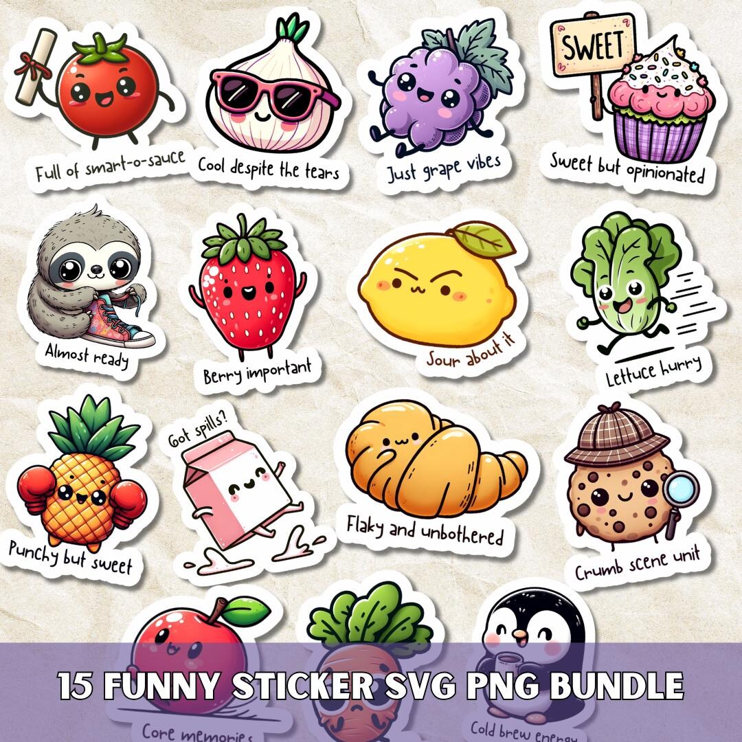Funny Clipart Stickers SVG PNG Bundle, Kawaii Pun Quotes, Printable ...