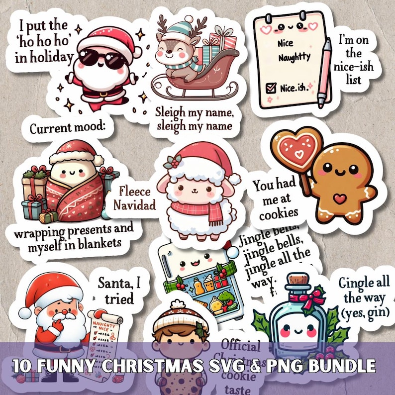 Funny Christmas Sticker Pack SVG PNG Bundle, Printable Holiday Quotes ...
