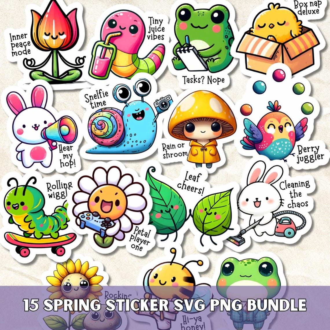 Sarcastic Quotes Spring Clipart SVG PNG Bundle, Kawaii Easter Stickers ...