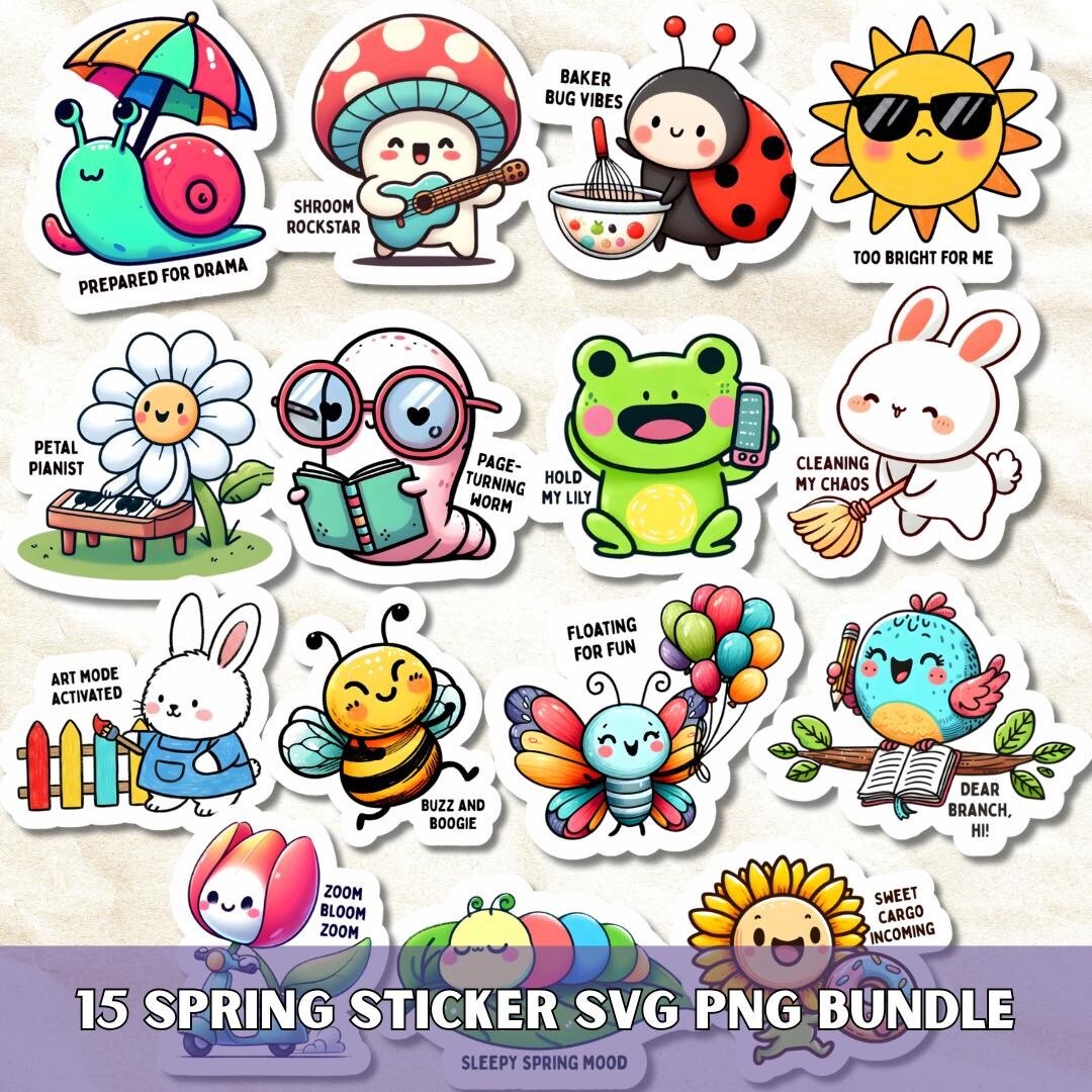 Funny Sticker Spring Clipart SVG PNG Bundle, Kawaii Sarcastic Humor ...