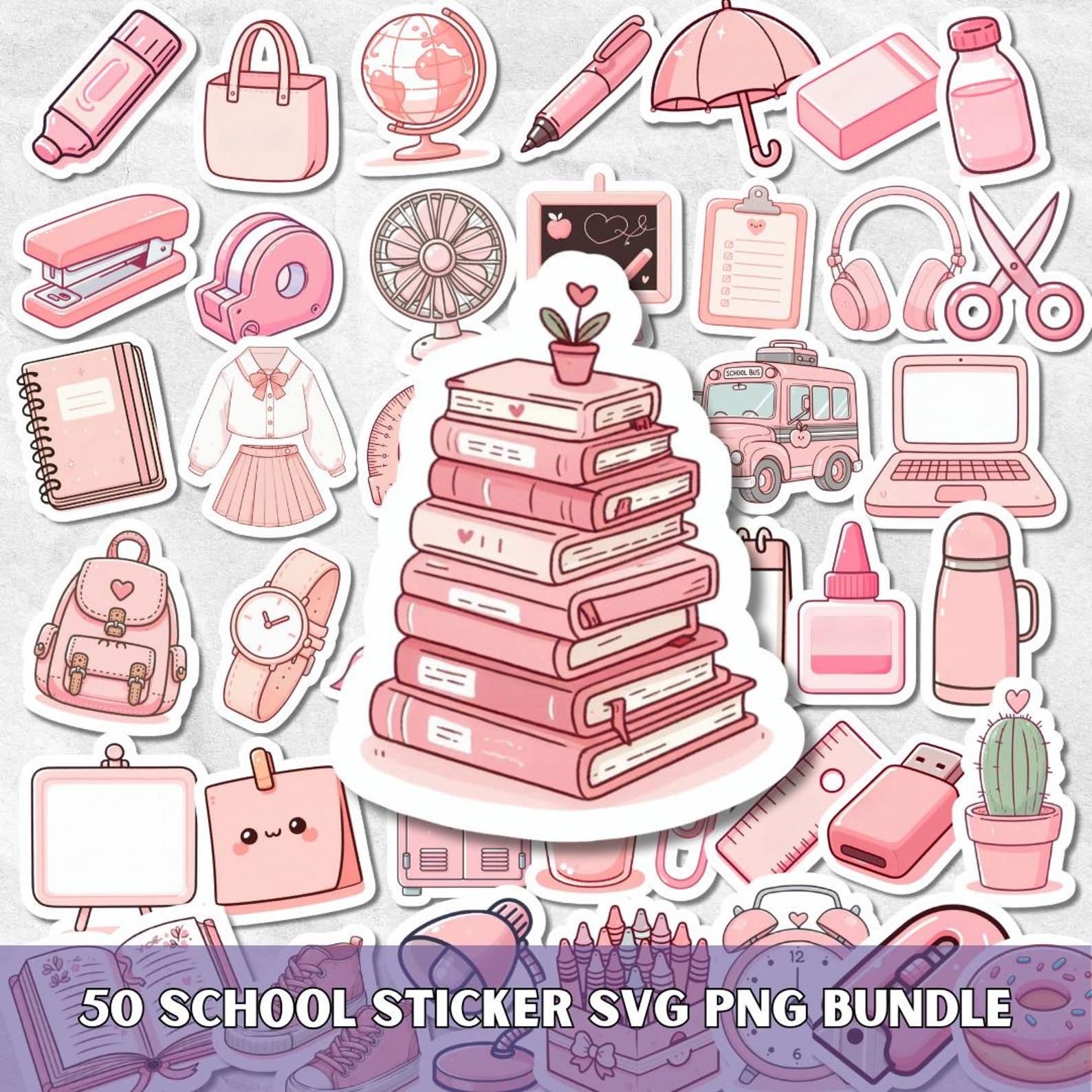 50 Cute Pink School Clipart Sticker Pack SVG PNG Bundle, Printable and ...
