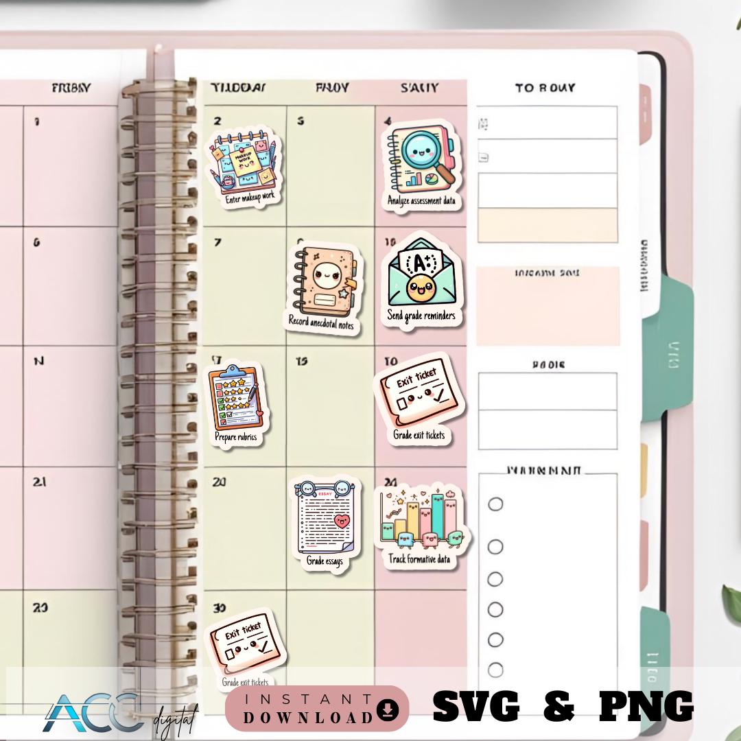 Teacher Sticker Pack SVG PNG Bundle, Printable Planner Stickers, Cute ...