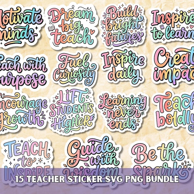 Teacher Quotes Sticker Pack PNG Bundle, Printable Inspirational Quote ...