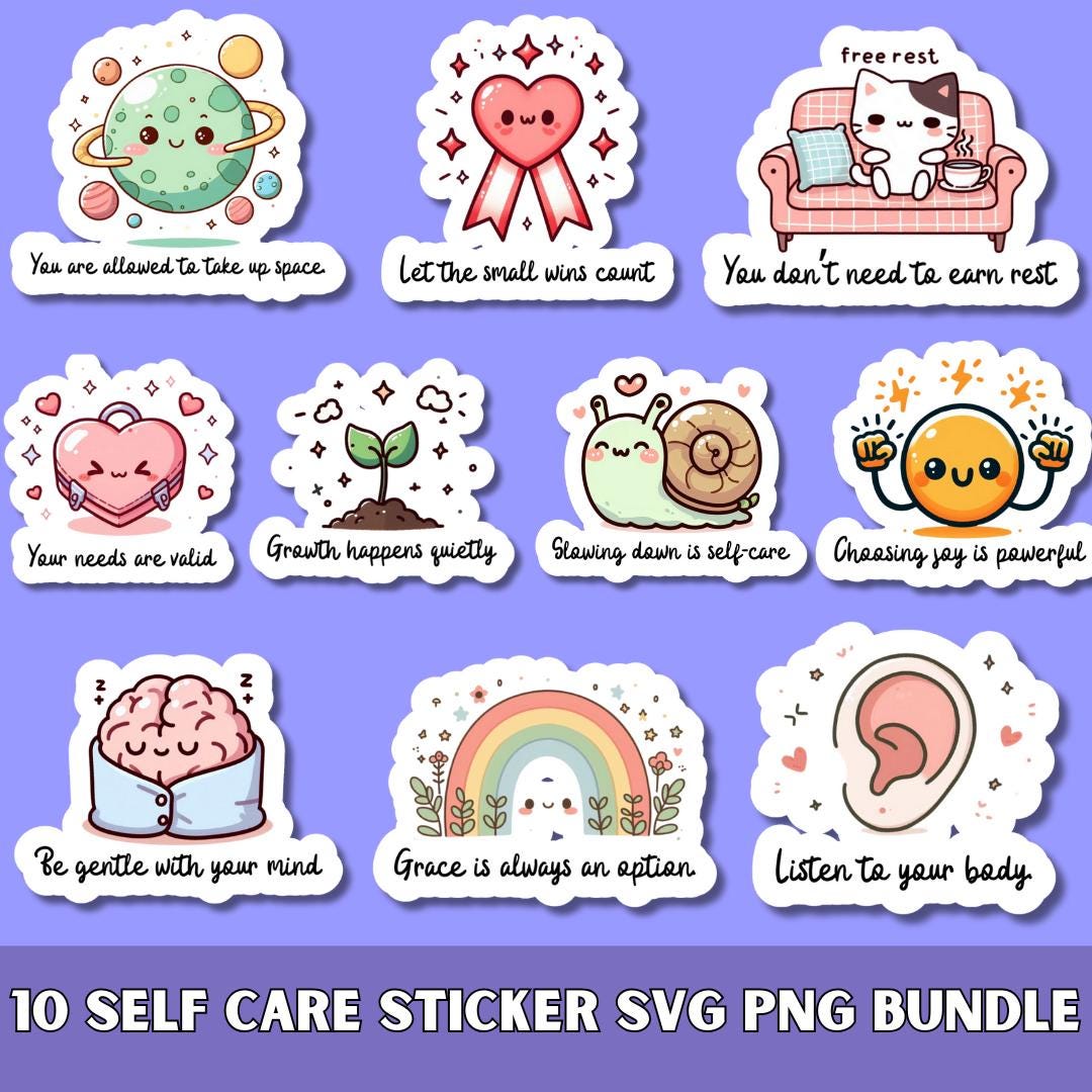 Cute Self Care Sticker SVG PNG Bundle, Inspirational Sticker, Goodnotes ...
