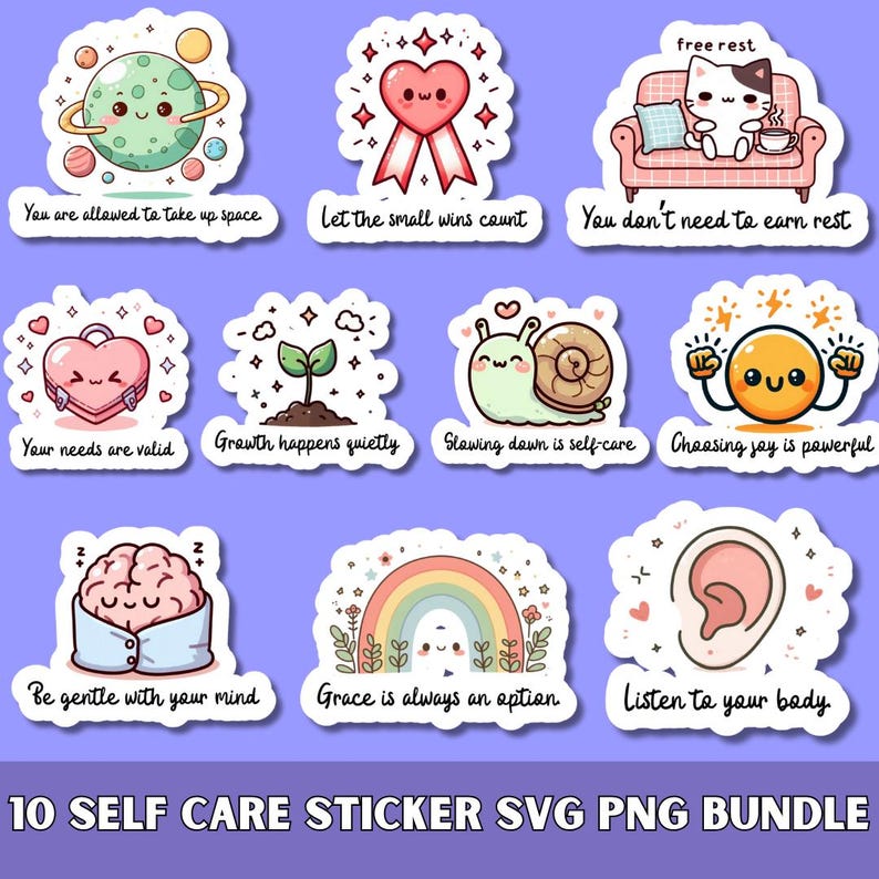 Cute Self Care Sticker SVG PNG Bundle, Inspirational Sticker, Goodnotes ...