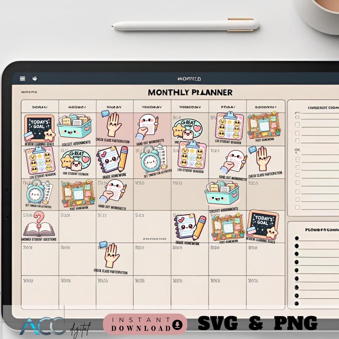 Teacher Digital Planner Stickers SVG PNG Bundle, Kawaii Goodnotes ...