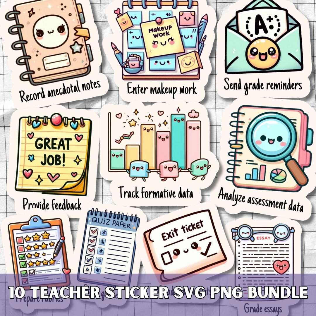 Teacher Sticker Pack SVG PNG Bundle, Printable Planner Stickers, Cute ...