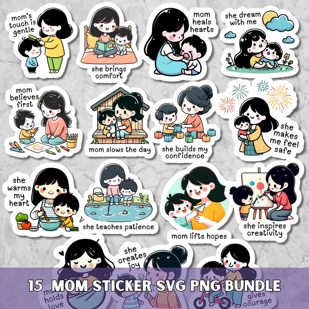 Kawaii Mom Clipart SVG PNG Bundle, Sweet Mother's Day Quotes, Printable ...
