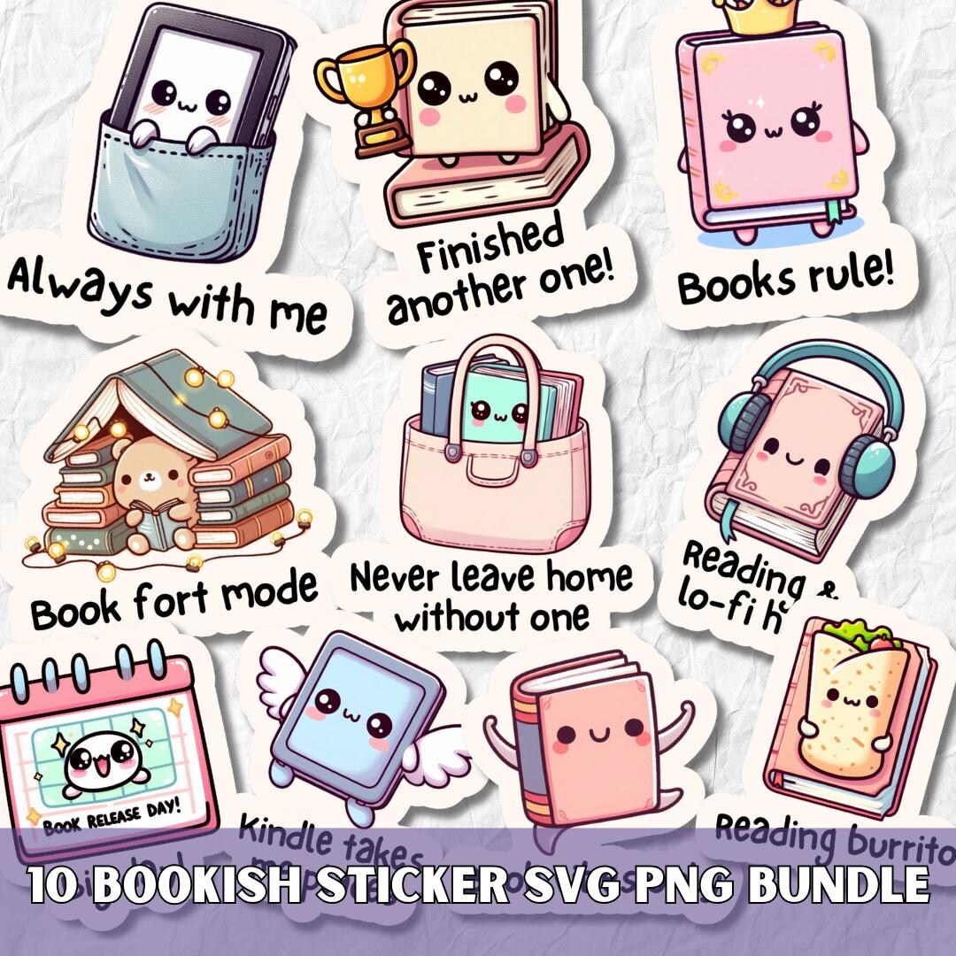 Bookish Stickers Pack SVG PNG Bundle, Kawaii Kindle Stickers for ...