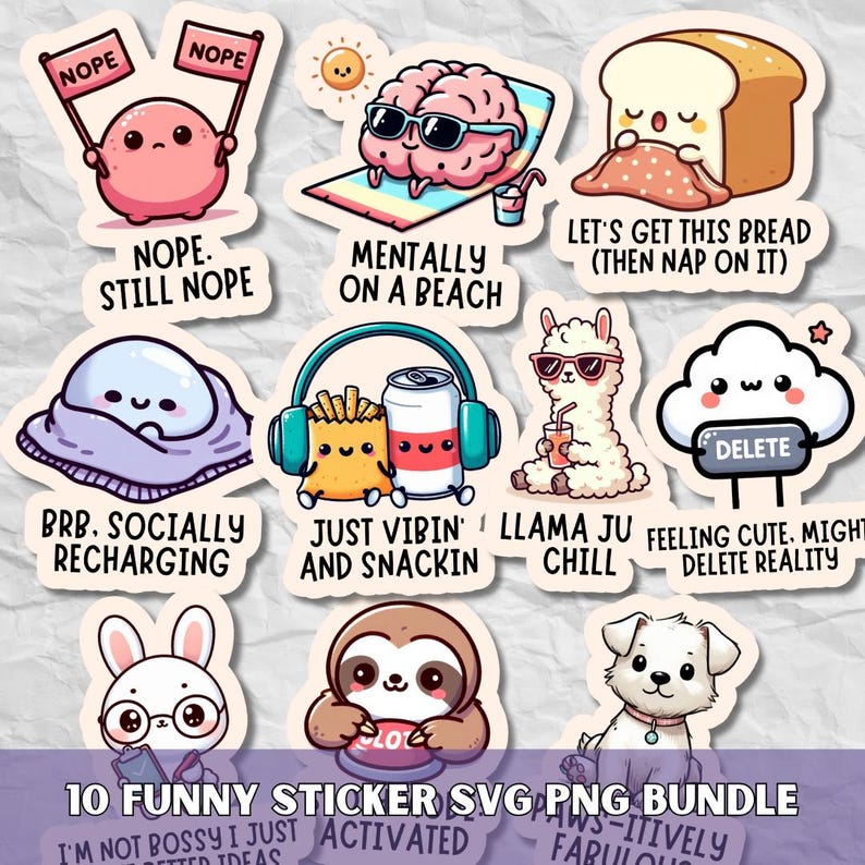 Kawaii Sarcastic Sticker SVG PNG Bundle, Funny Adult Humor Quotes ...