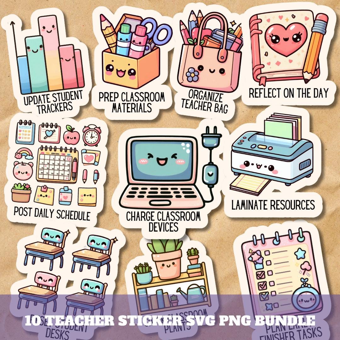 Teacher Planner Sticker Pack SVG PNG Bundle, Daily Task Functional ...