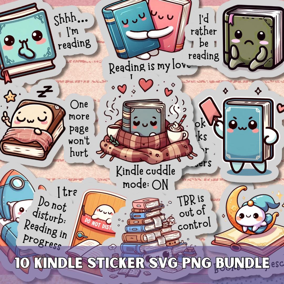 Book Lover Sticker SVG PNG Bundle, Kindle Stickers Pack, Kawaii Journal ...