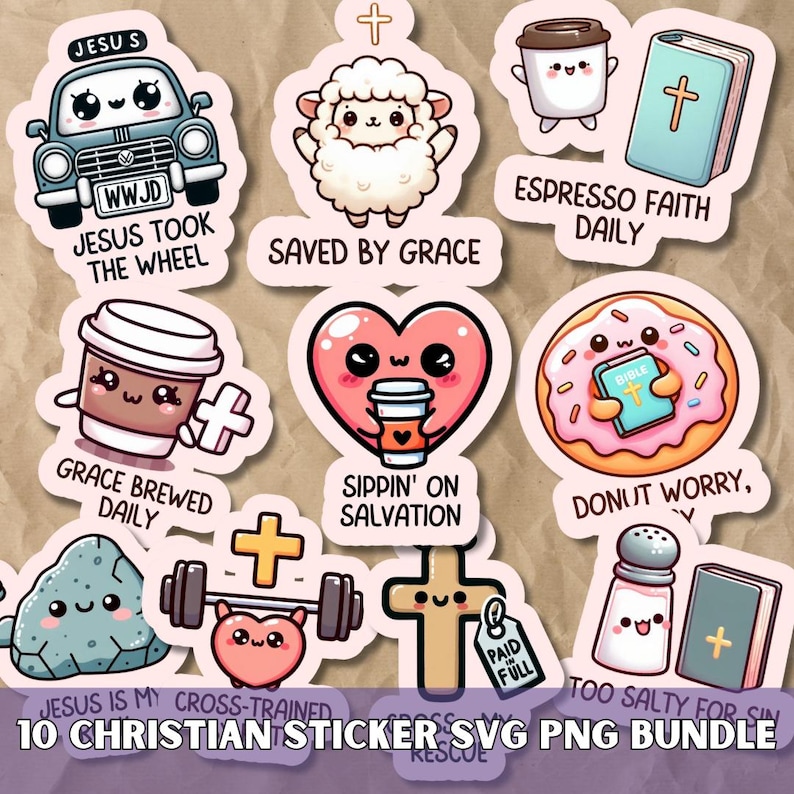 Kawaii Christian Stickers SVG PNG Bundle, Cute Funny Digital Clipart ...
