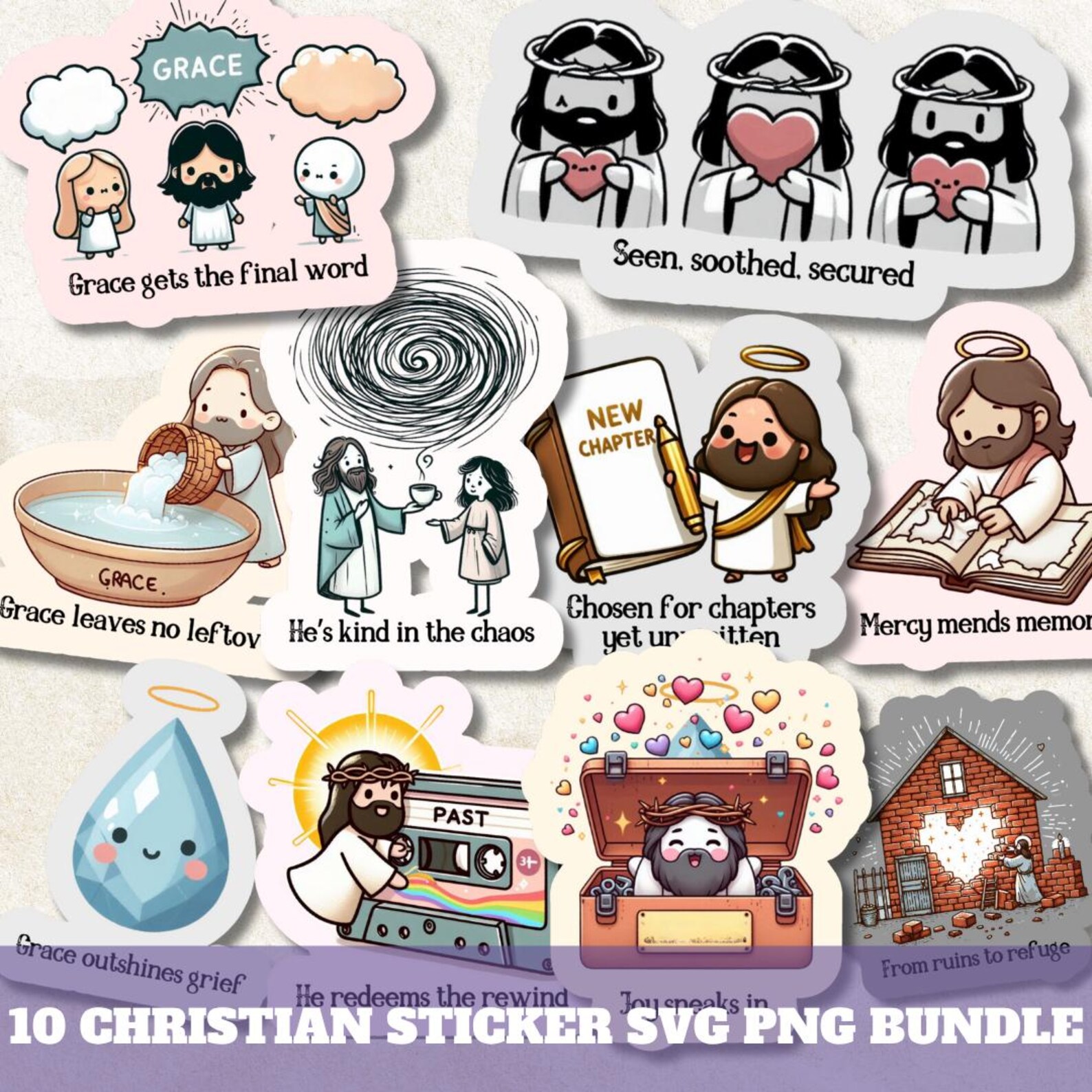 Jesus Stickers SVG PNG Bundle, Kawaii Christian Bible Sticker, Faith ...