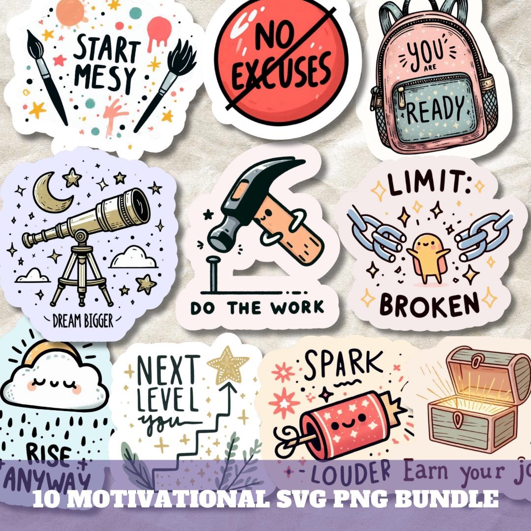 Motivational Quotes Digital Sticker SVG PNG Bundle, Cute Inspirational ...