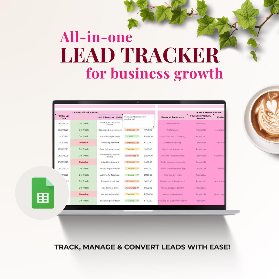 Lead Tracker Spreadsheet | Sales Pipeline | Google Sheets Client Follow ...