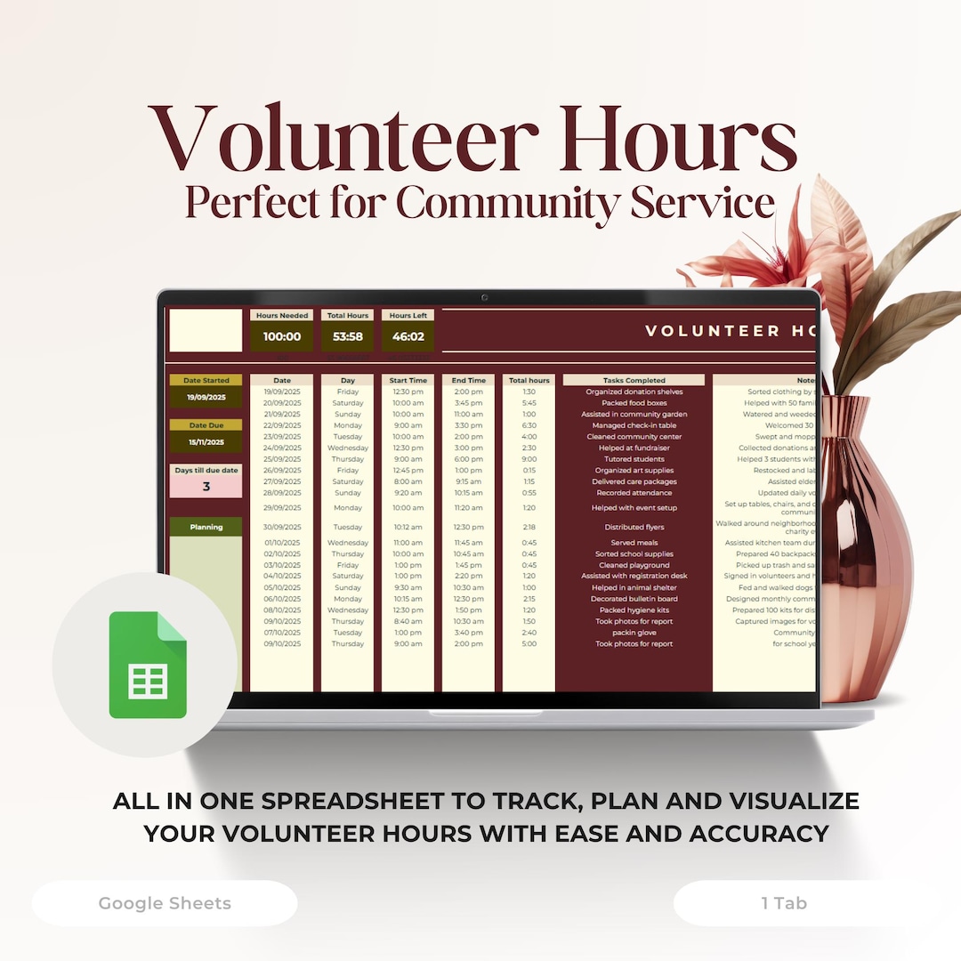 Volunteer Hour Log Spreadsheet | Community Service Log | Student ...