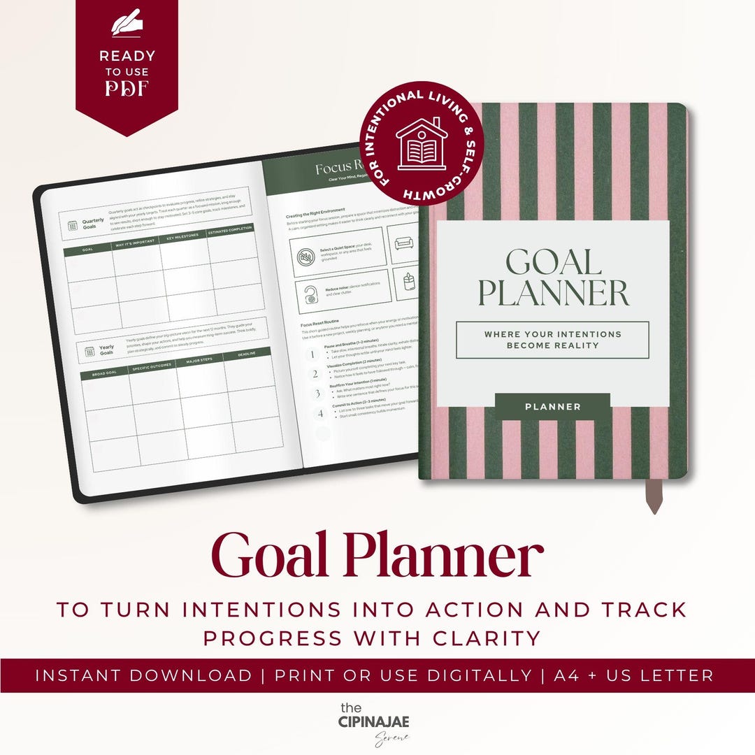 Goal Planner Printable PDF | Minimalist Pink Green Stripe Design ...