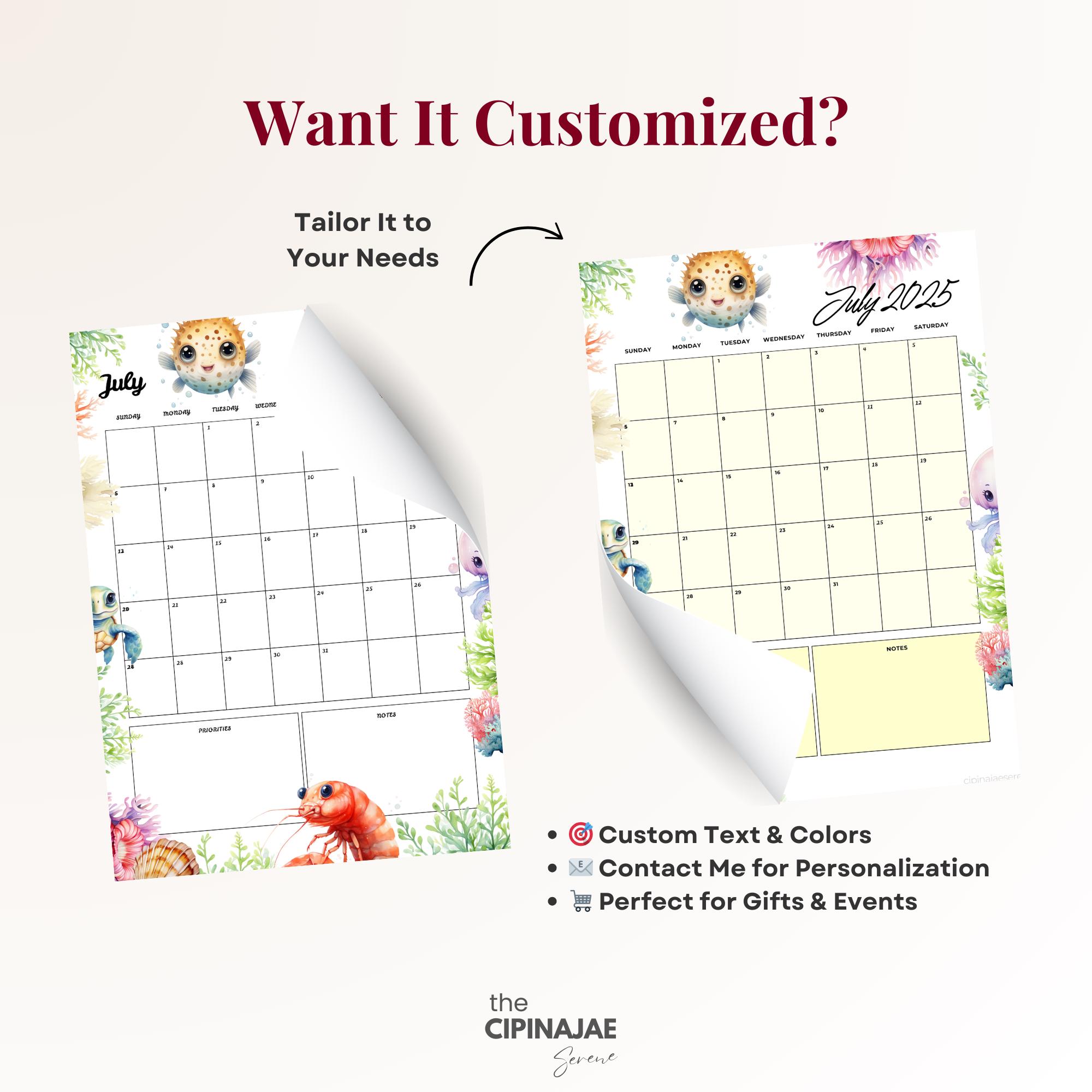 2025 Cute Ocean-themed Printable Calendar | Colorful Monthly Planner ...