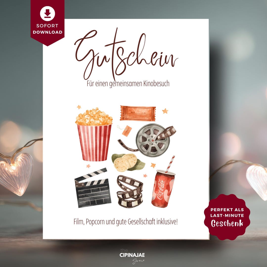 Printable Gift Voucher Cinema Visit | Last Minute Gift | PDF Download ...