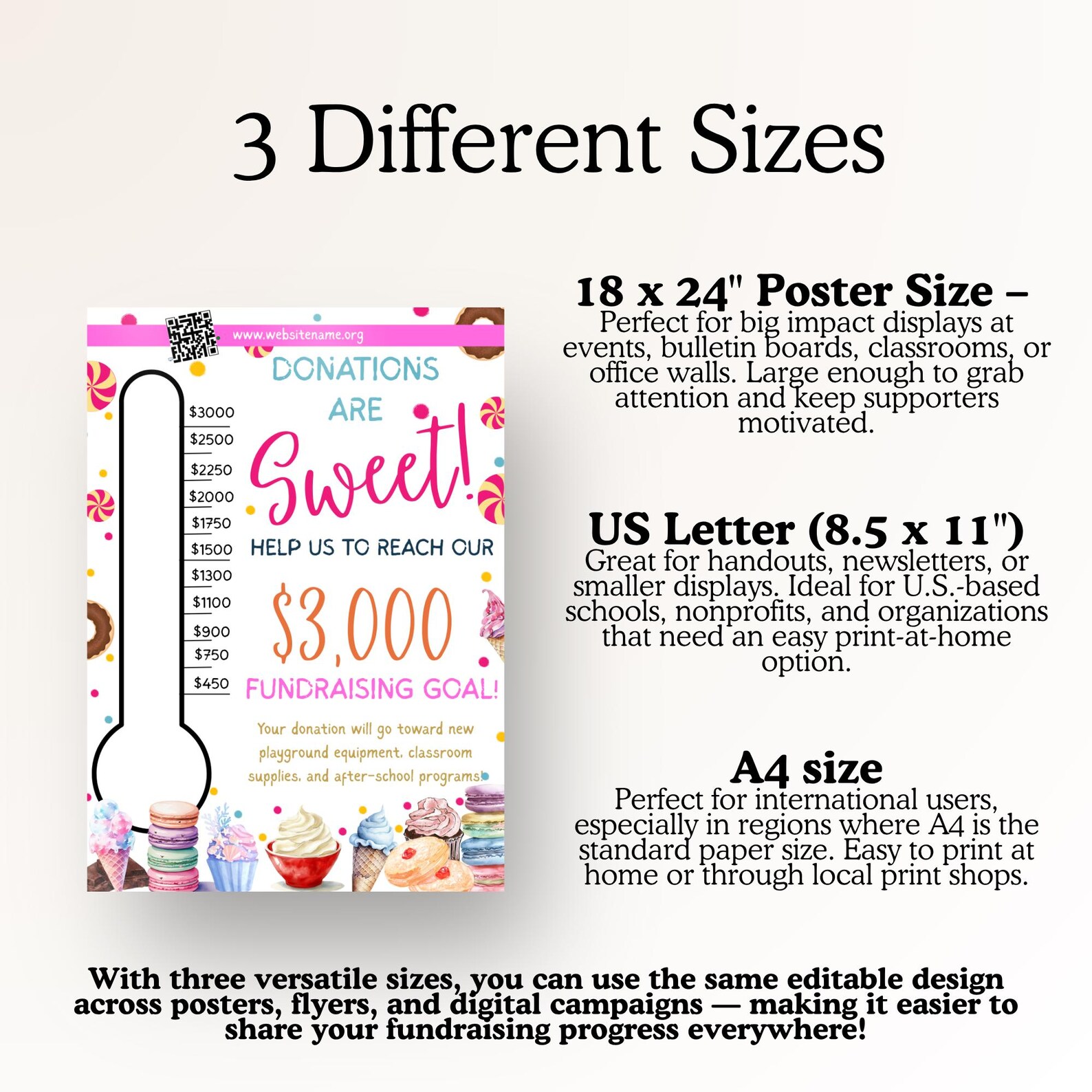 Editable Fundraising Goal Thermometer Template | 18x24, A4 & US Letter ...