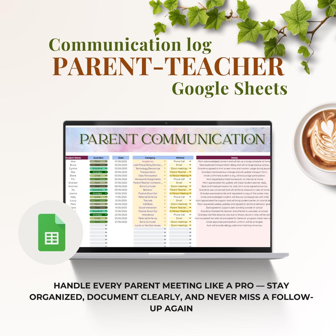 Digital Teacher Planner Google Sheets | Parent Communication Log for ...