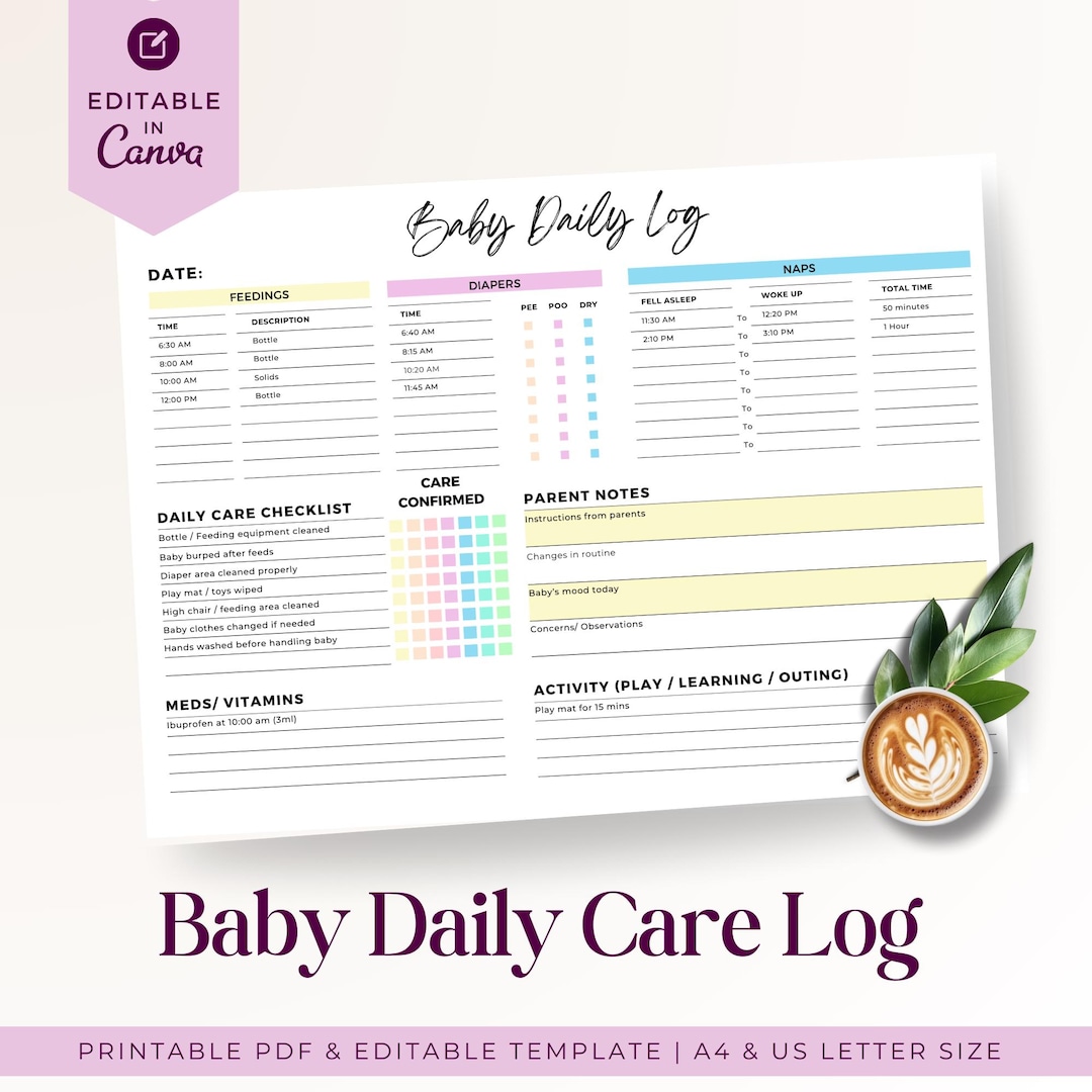 Baby Daily Log Printable Infant Care Log and Baby Feeding, Diaper ...