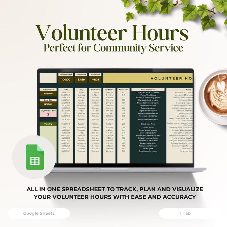 Volunteer Hour Log Spreadsheet | Community Service Log | Student ...