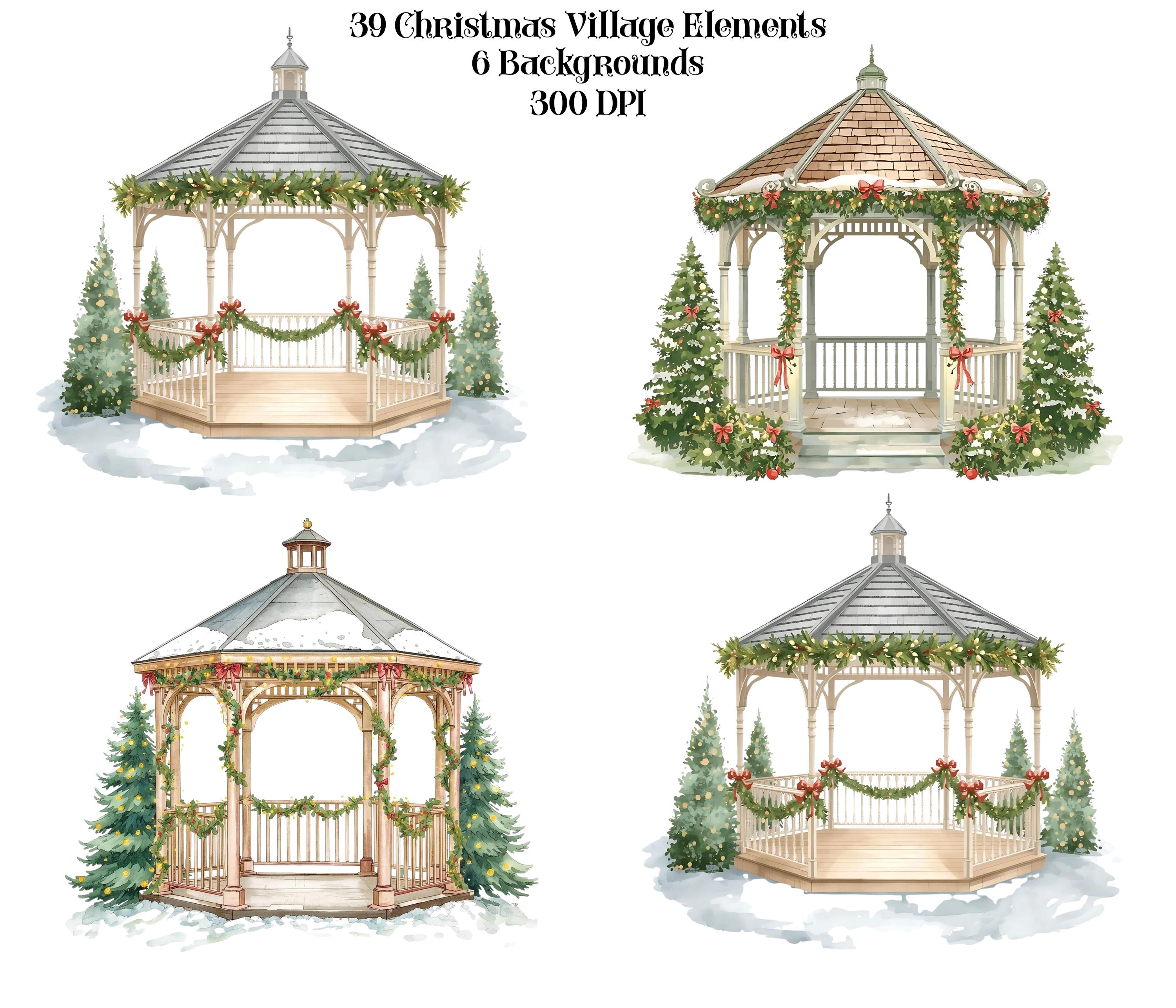 Cozy Christmas Village Clipart PNG Bundle, Watercolor Holiday Town ...