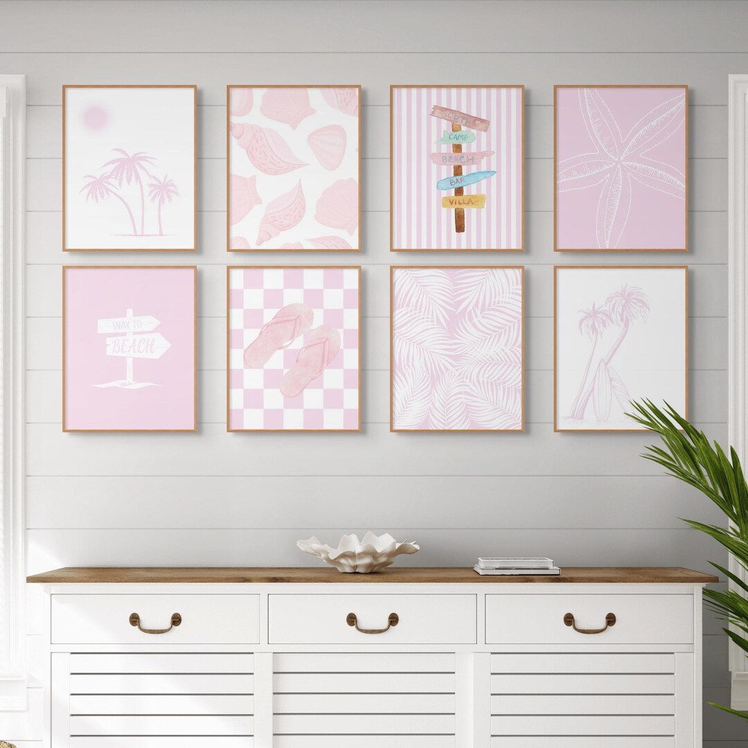 Coastal Print Set of 8 / Pink Beachy Wall Art, Beachy Print Set, Beachy ...