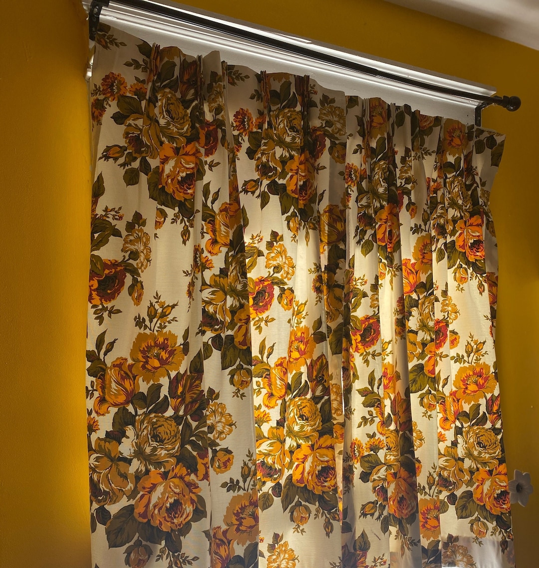 Vintage 1970s Orange Floral Café Curtains, 1970s Café Curtain Panels ...