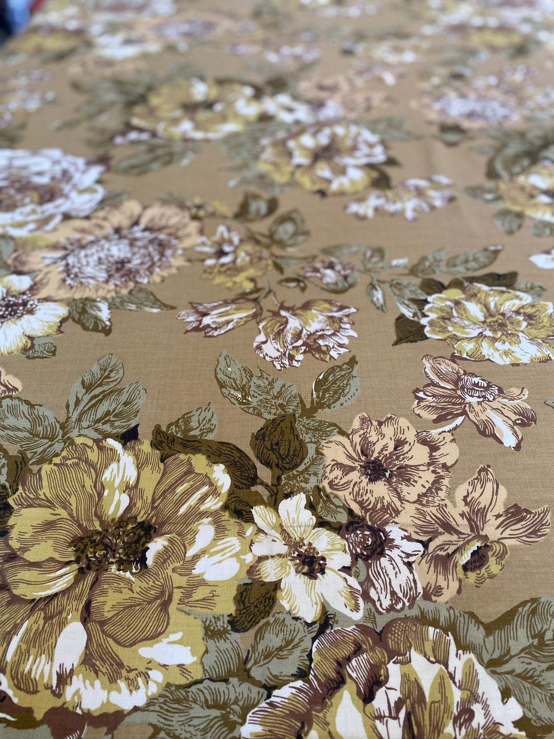 Vintage 1960s Beige and Green Floral Fabric, Vintage 1960s Floral ...