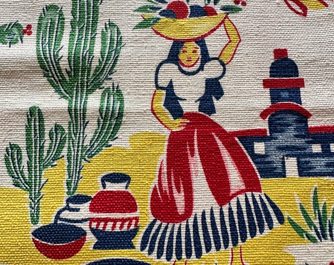 Vintage 1930s Mexican Vignettes Linen Fabric, Vintage Mexican Fabric ...