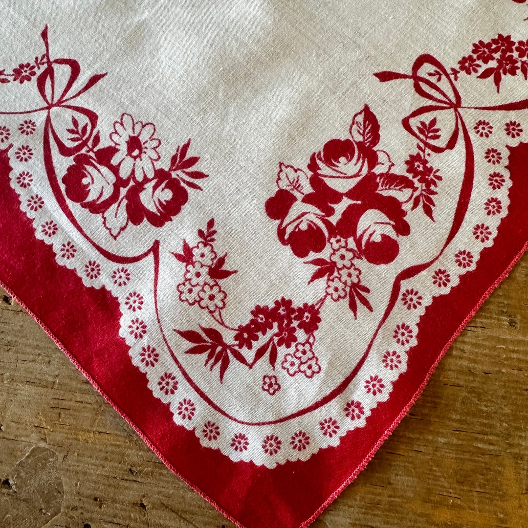 Vintage 1930s Red Floral Handkerchief, 1930s Valentine's Handkerchief ...