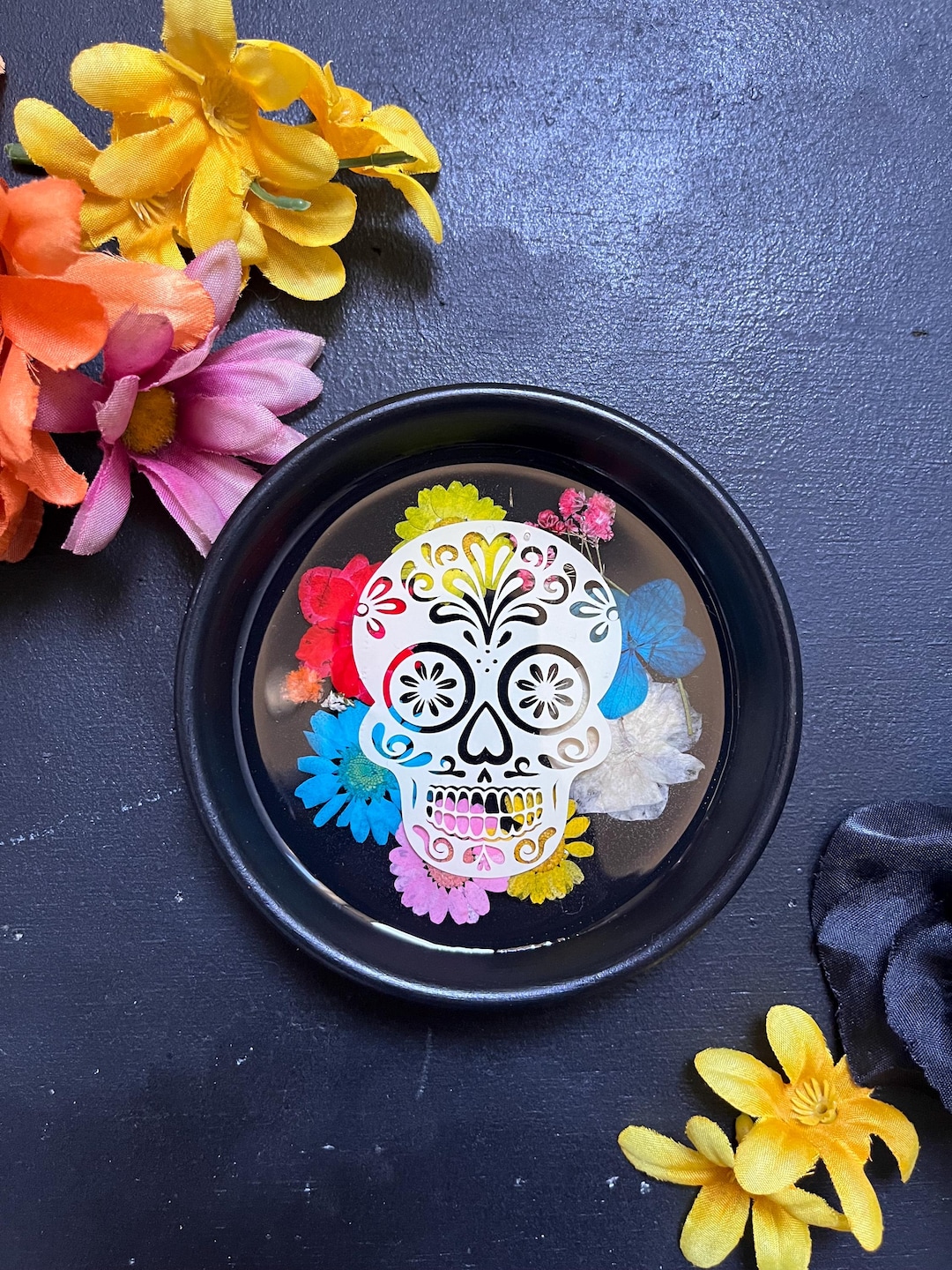Day of the Dead Decor, Dia De Los Muertos, Black Jewelry Tray, Colorful ...