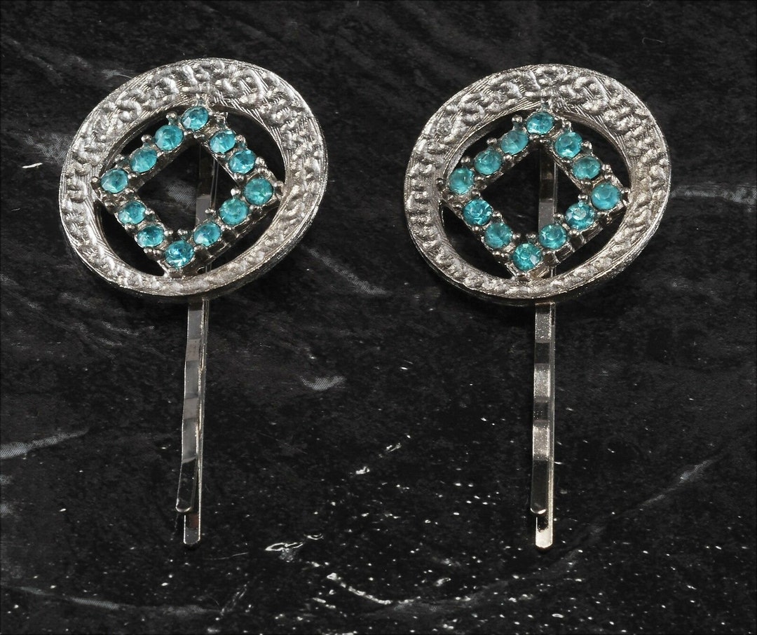 Vintage Hair Pin Bobby Pin Pair Silver Plated Metal Lt.blue Rhinestone ...