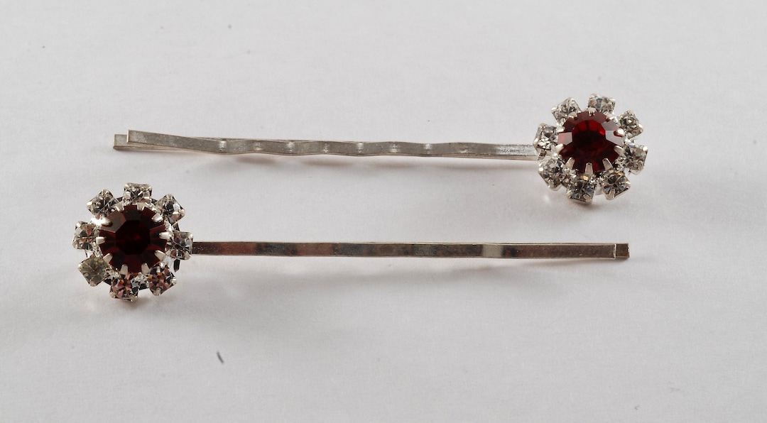 Vintage Hair Pins Flower Bobby Pins Red Rhinestone Silver Tone Metal ...