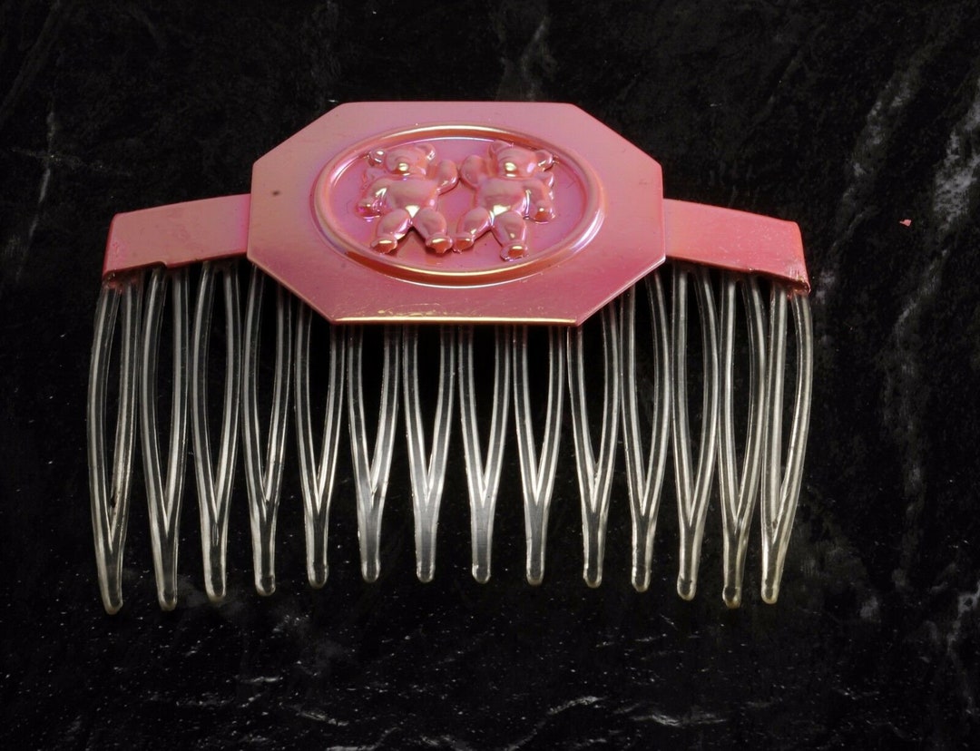 Vintage Hair Comb Clear Plastic Pink Metal Pearlized Teddy Topper ...