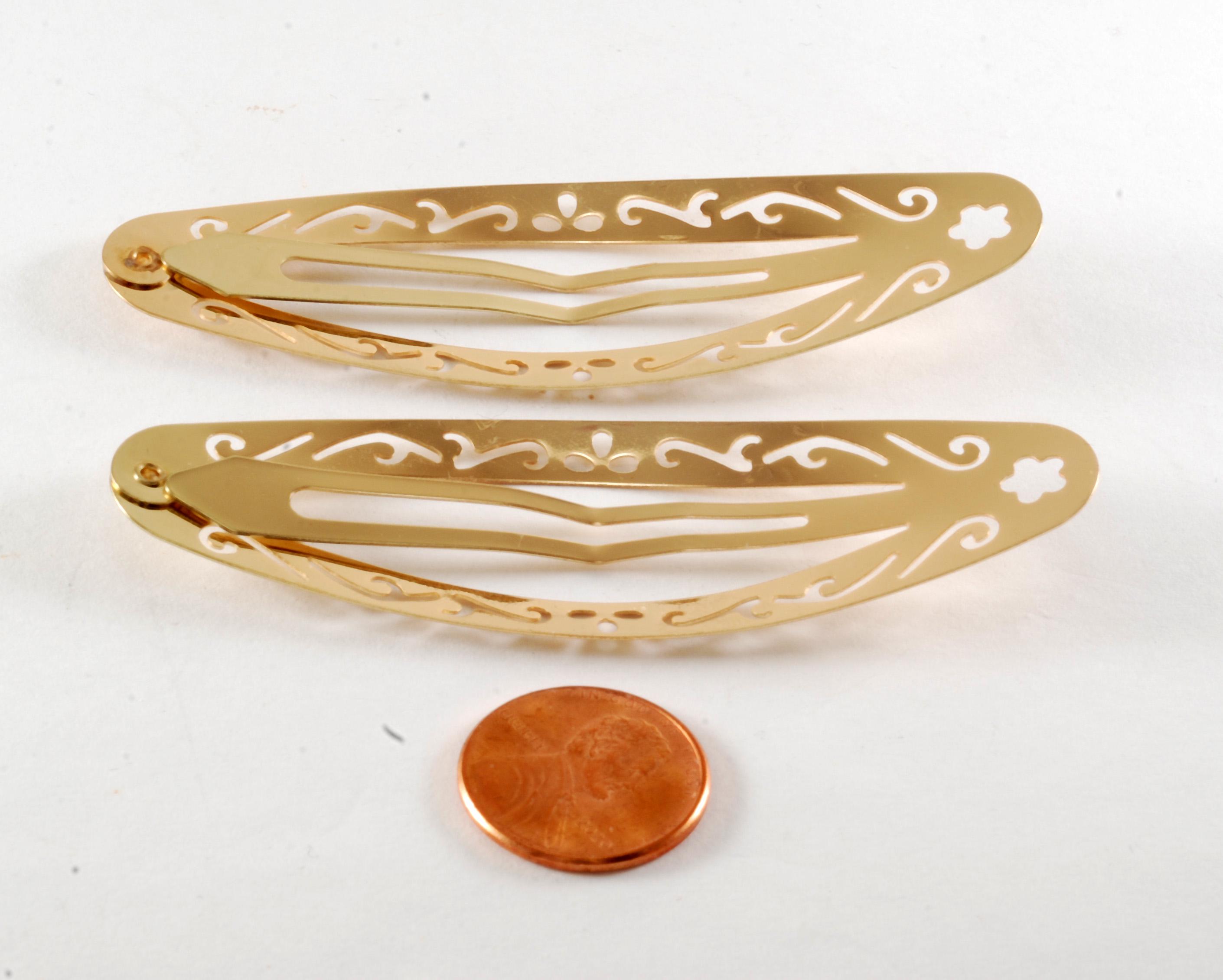 Retro Hair Barrette Snap Clip Pair Decorative Shiny Gold Tone Metal ...
