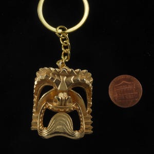 Vintage Keychain Tiki Head Polynesian Gold Tone Metal Key Ring Fob 1 1/ ...
