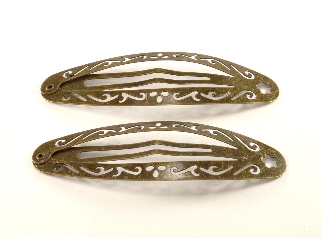Retro Hair Barrette Snap Clip Pair Decorative Distressed Brass Tone ...