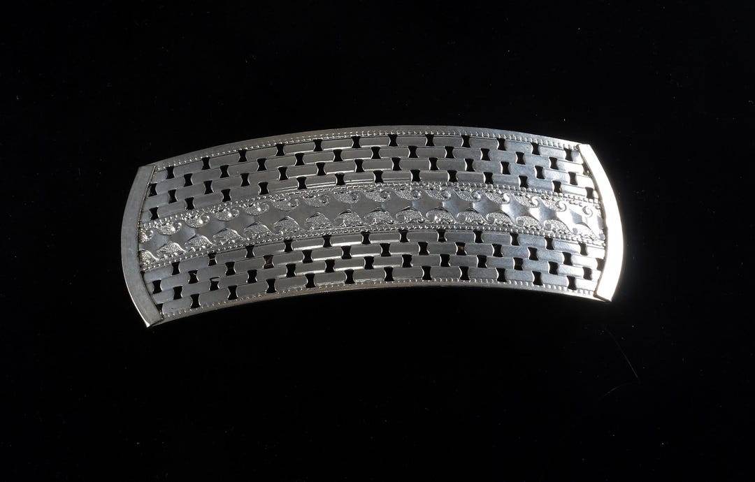 Vintage Hair Barrette Silver Tone Metal Made in France Decorative Brick ...