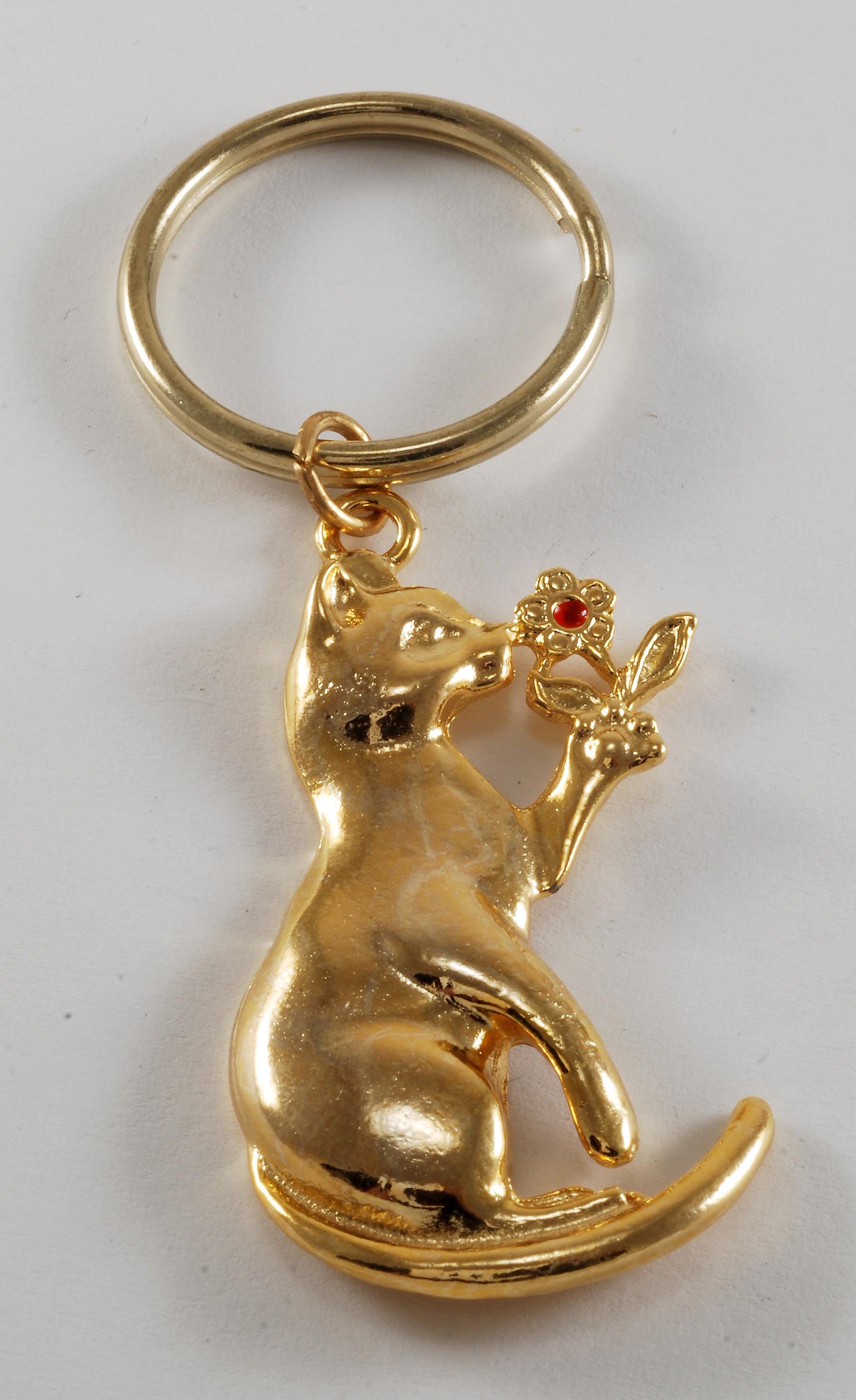 Vintage Gold Tone Metal Kitty Cat Smelling A Flower Key Chain 3 1/2"x 1 ...